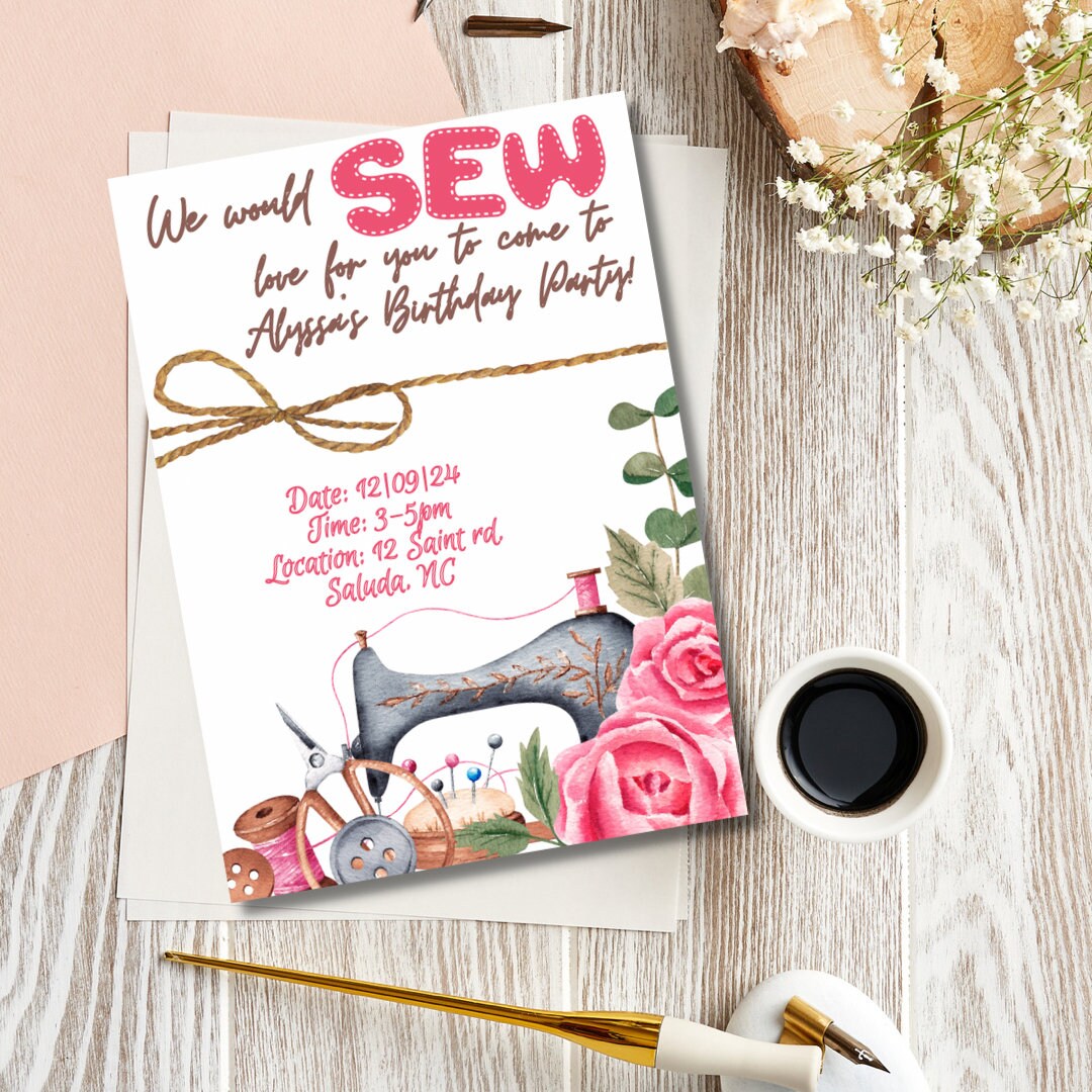 Sew Cute Birthday Party Invitation, Sewing, Buttons, Watercolor, Girl ...