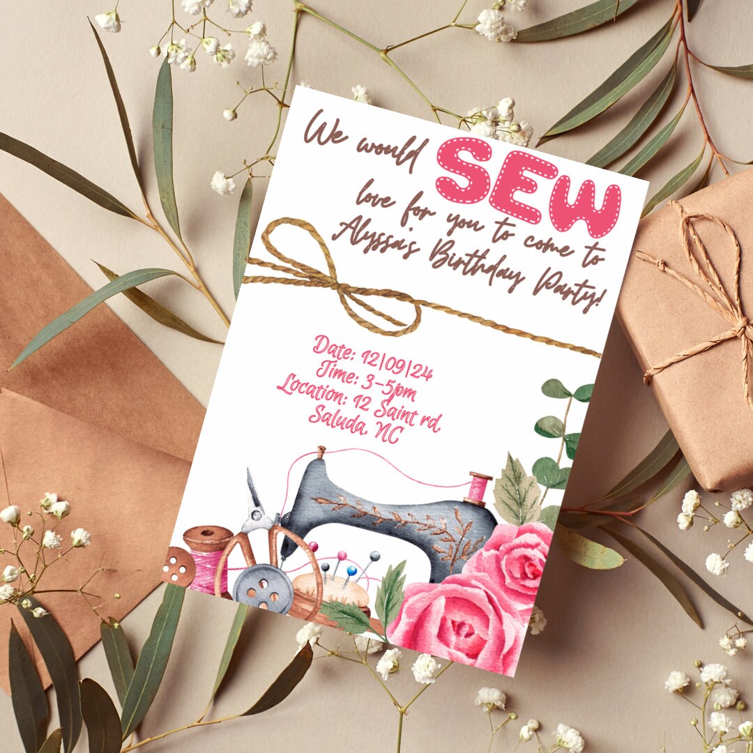 Sew Cute Birthday Party Invitation, Sewing, Buttons, Watercolor, Girl ...
