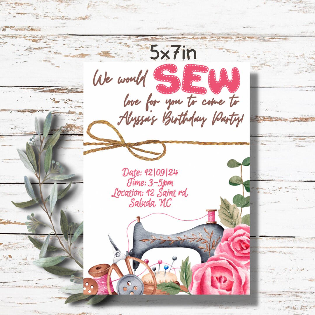 Sew Cute Birthday Party Invitation, Sewing, Buttons, Watercolor, Girl ...
