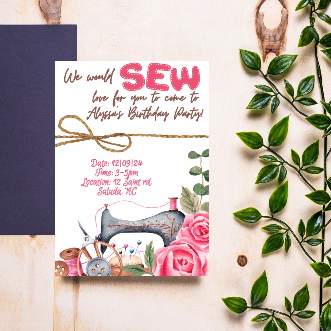 Sew Cute Birthday Party Invitation, Sewing, Buttons, Watercolor, Girl ...