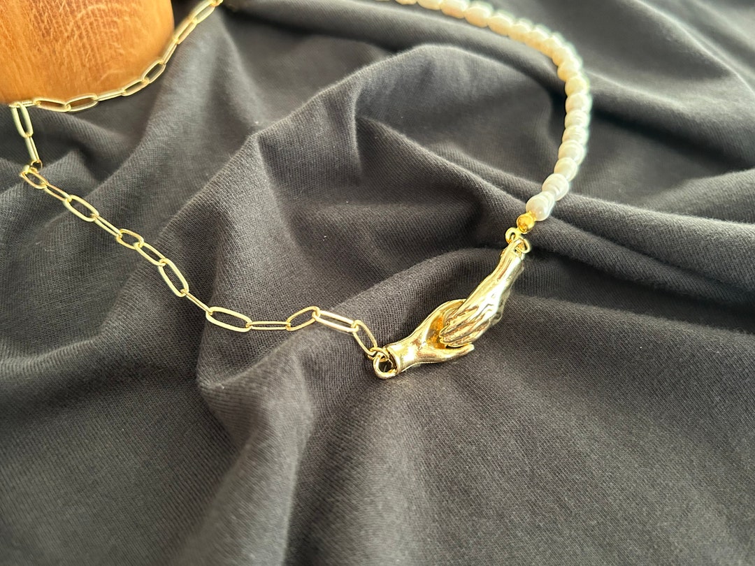 Natural Pearl Hands Necklace, Two Hands Pendant Necklace, Gold Hand ...