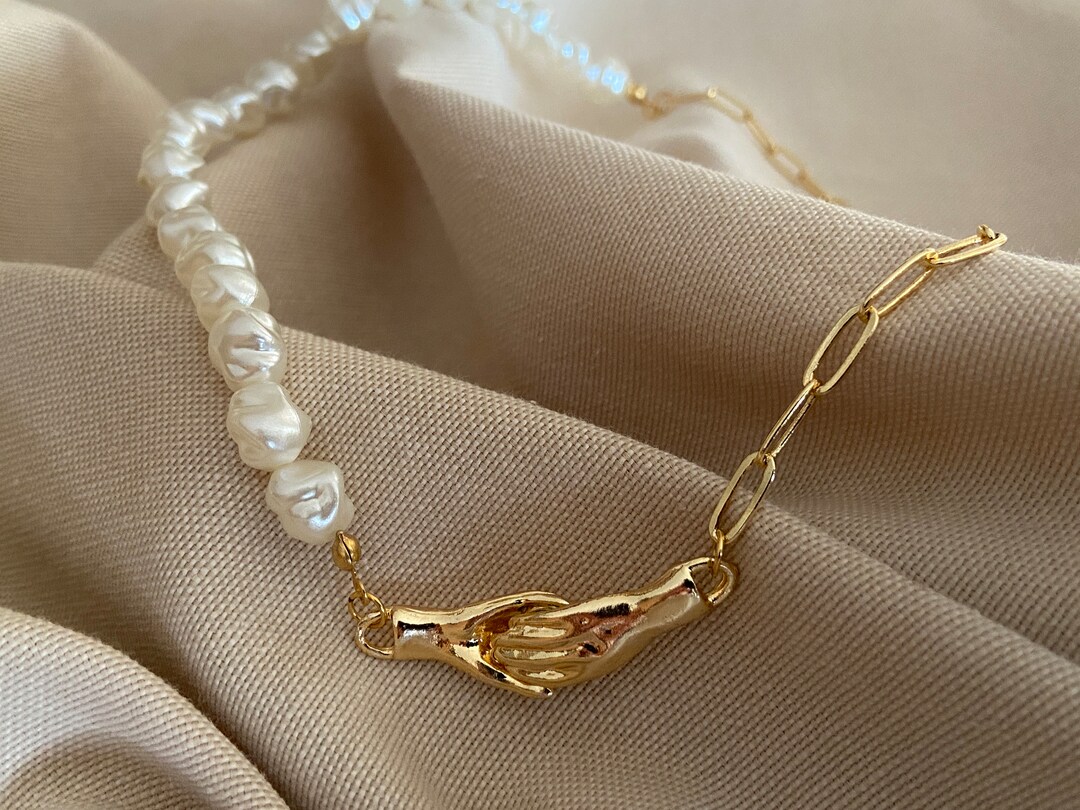 Natural Pearl Hands Necklace Two Hands Pendant Necklace Gold - Etsy