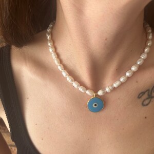 Handmade Evil Eye Pearl Necklace, Protective Evil Eye Pearl Necklace ...