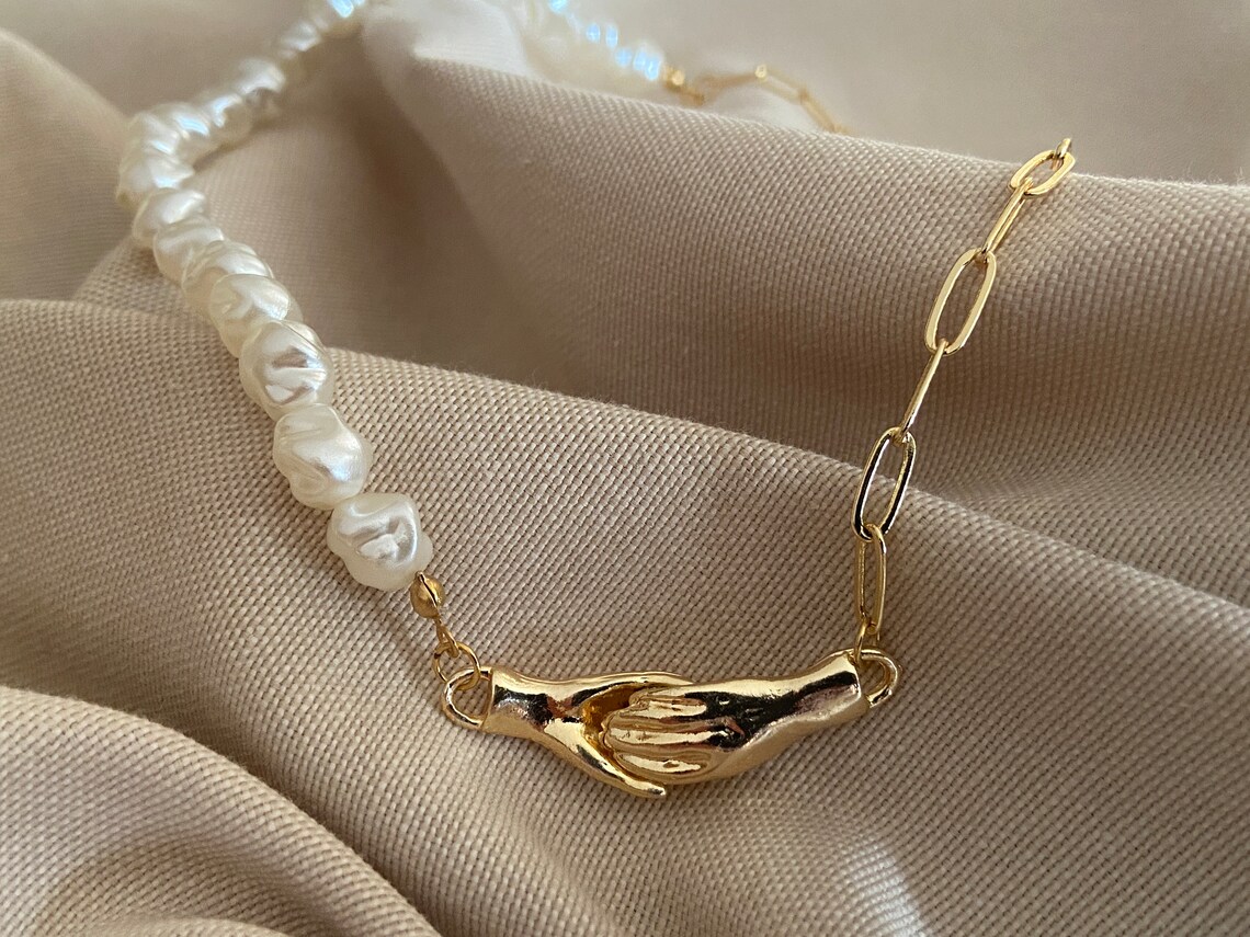 Natural Pearl Hands Necklace Two Hands Pendant Necklace Gold - Etsy