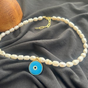 Handmade Evil Eye Pearl Necklace, Protective Evil Eye Pearl Necklace ...