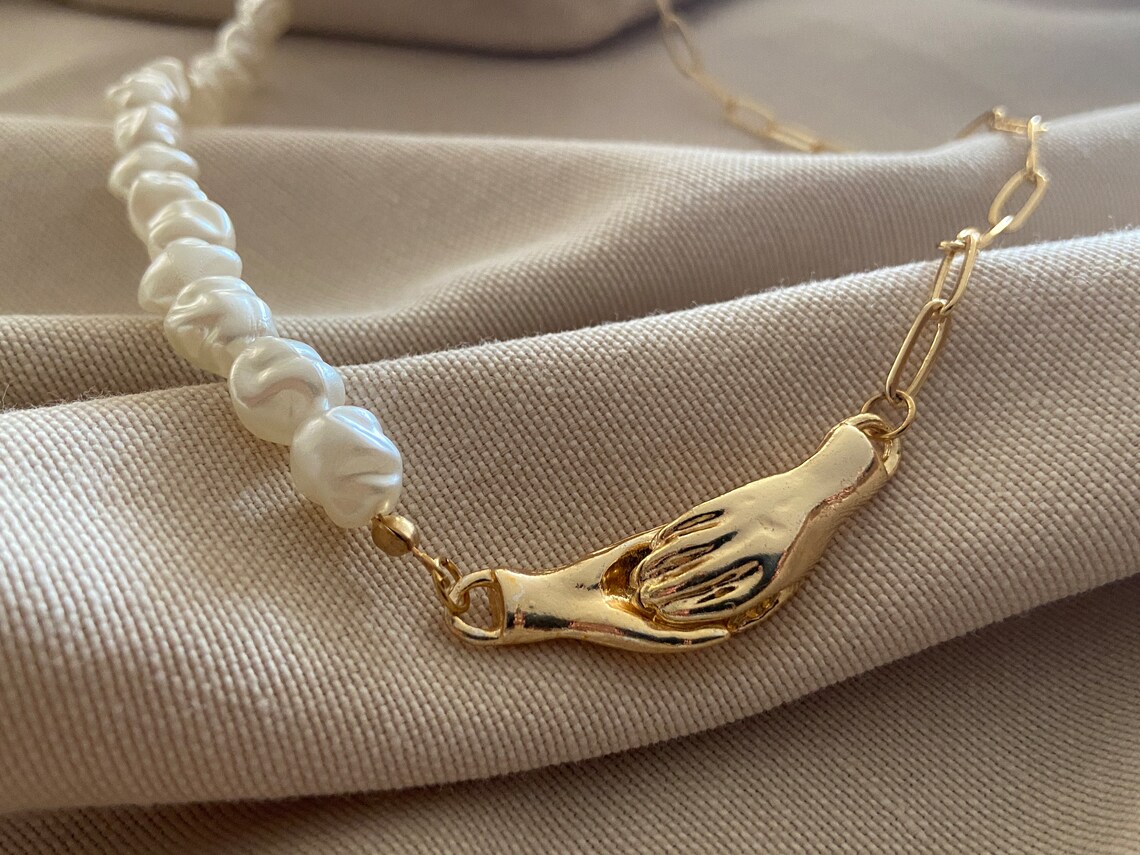 Natural Pearl Hands Necklace Two Hands Pendant Necklace Gold - Etsy