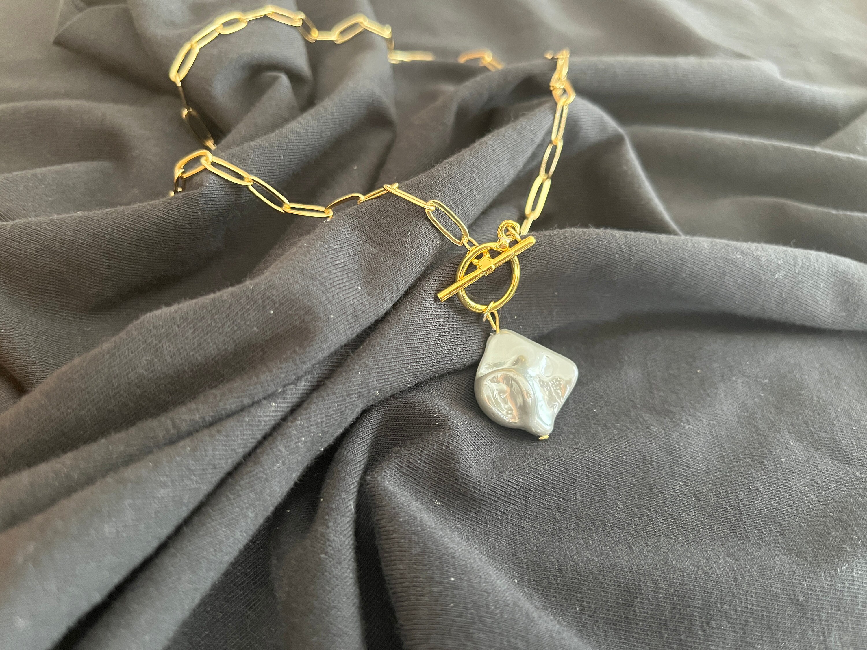 Single Baroque Pearl Chain Necklace, Baroque Pearl Necklace Gold, Gold ...