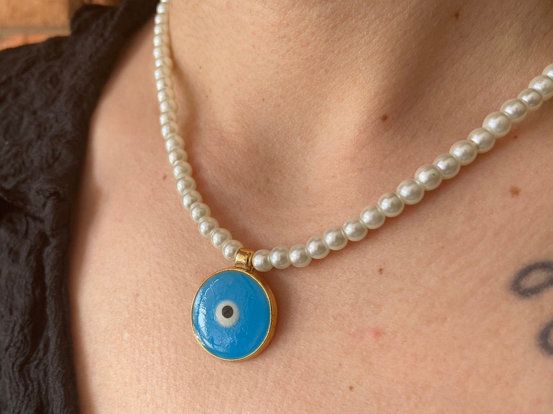 Handmade Evil Eye Pearl Necklace Protective Evil Eye Pearl - Etsy
