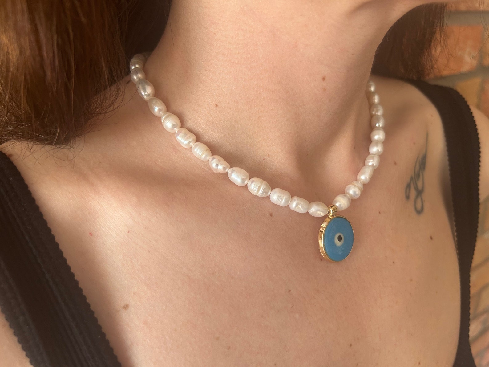 Handmade Evil Eye Pearl Necklace, Protective Evil Eye Pearl Necklace ...