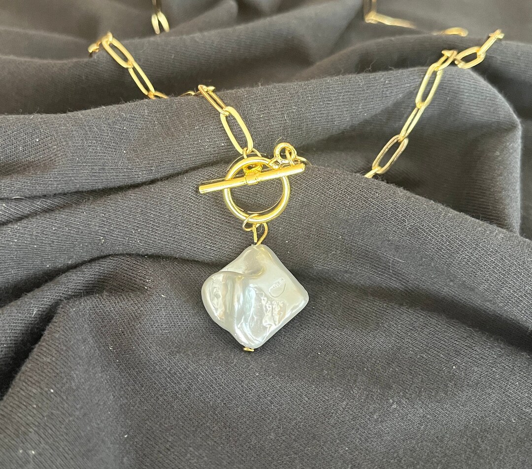 Single Baroque Pearl Chain Necklace, Baroque Pearl Necklace Gold, Gold ...