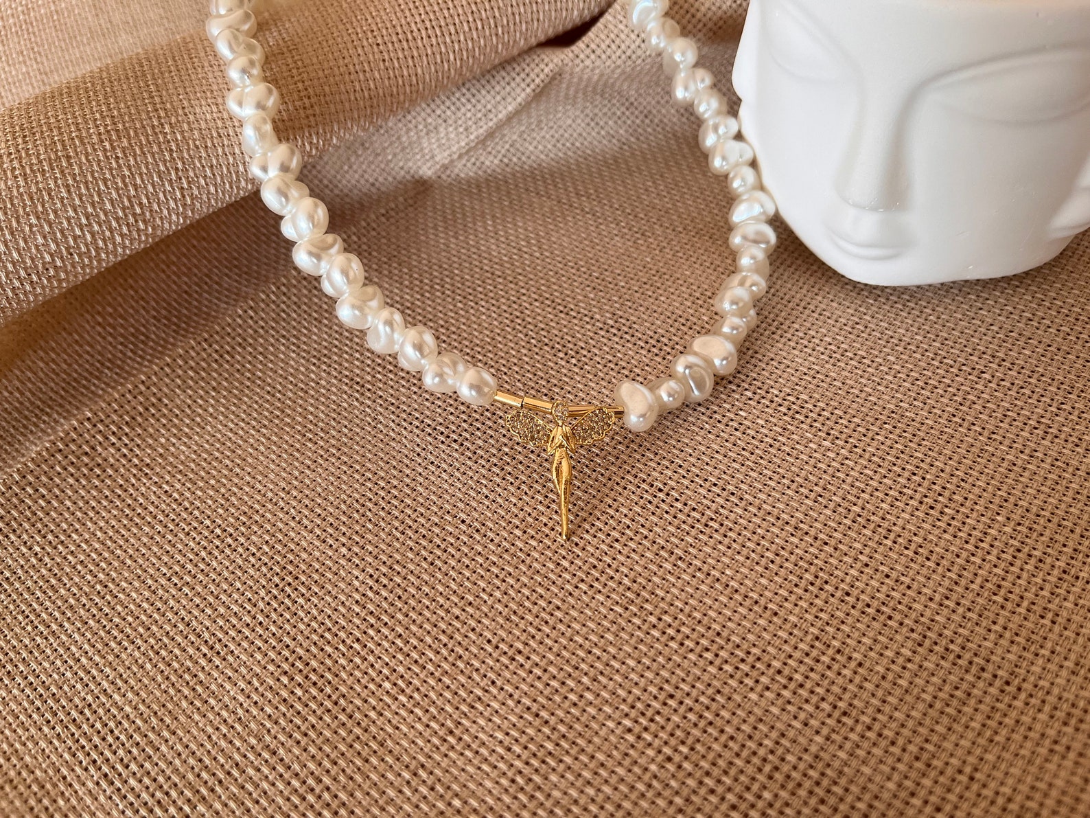 Pearl Angel Necklace Pearl Necklace With Angel Charm - Etsy