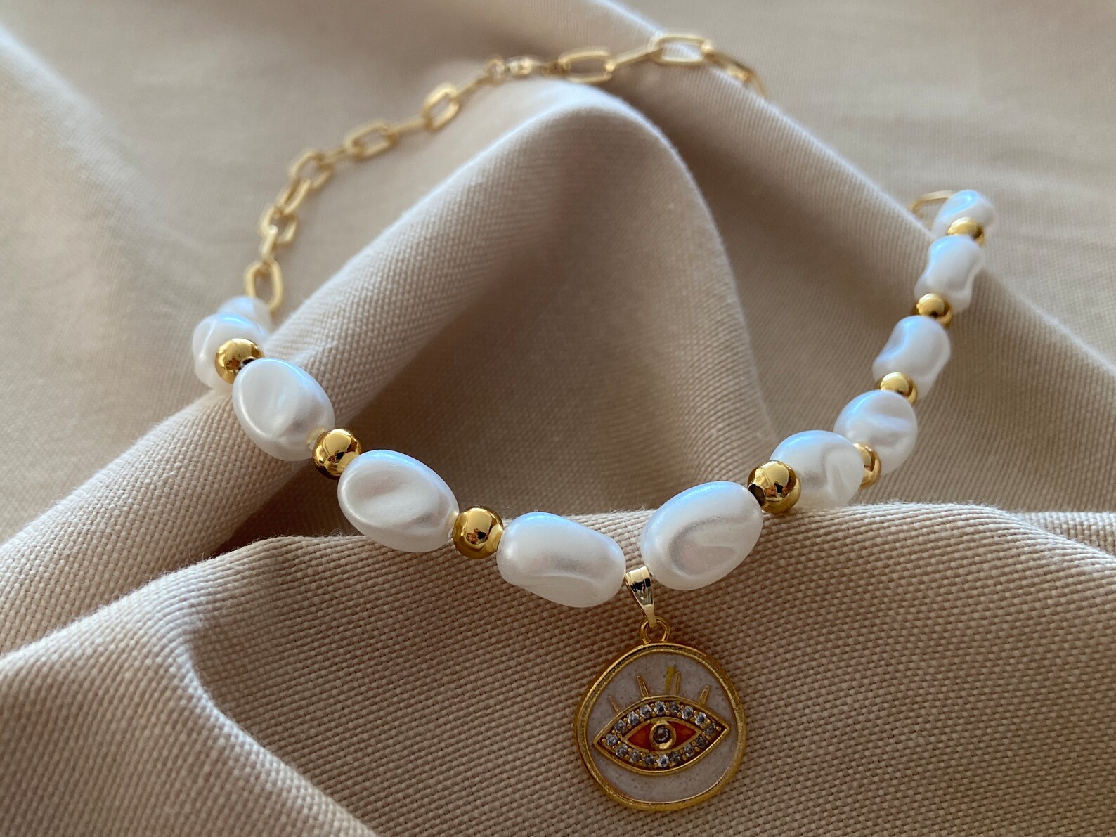 Evil Eye Pearl Necklace Gold Pearl and Evil Eye Necklace - Etsy