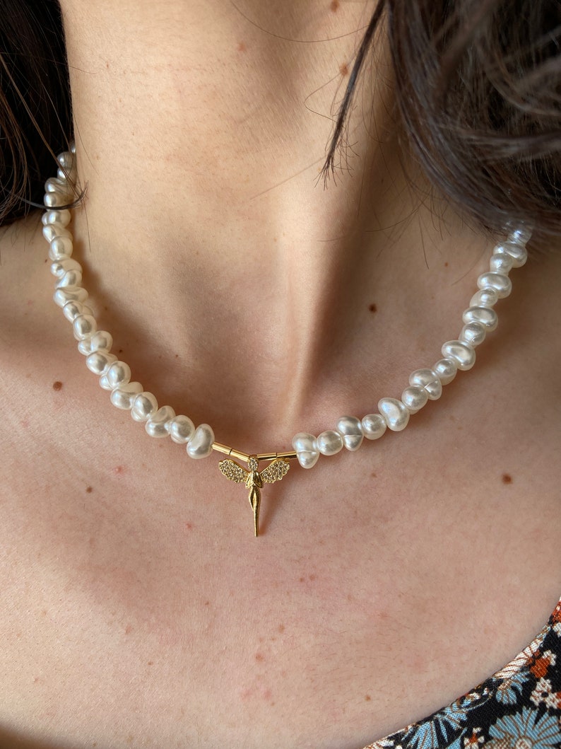 Pearl Angel Necklace Pearl Necklace With Angel Charm - Etsy