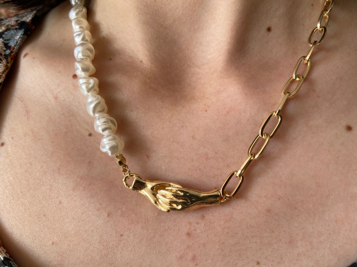Natural Pearl Hands Necklace Two Hands Pendant Necklace Gold - Etsy