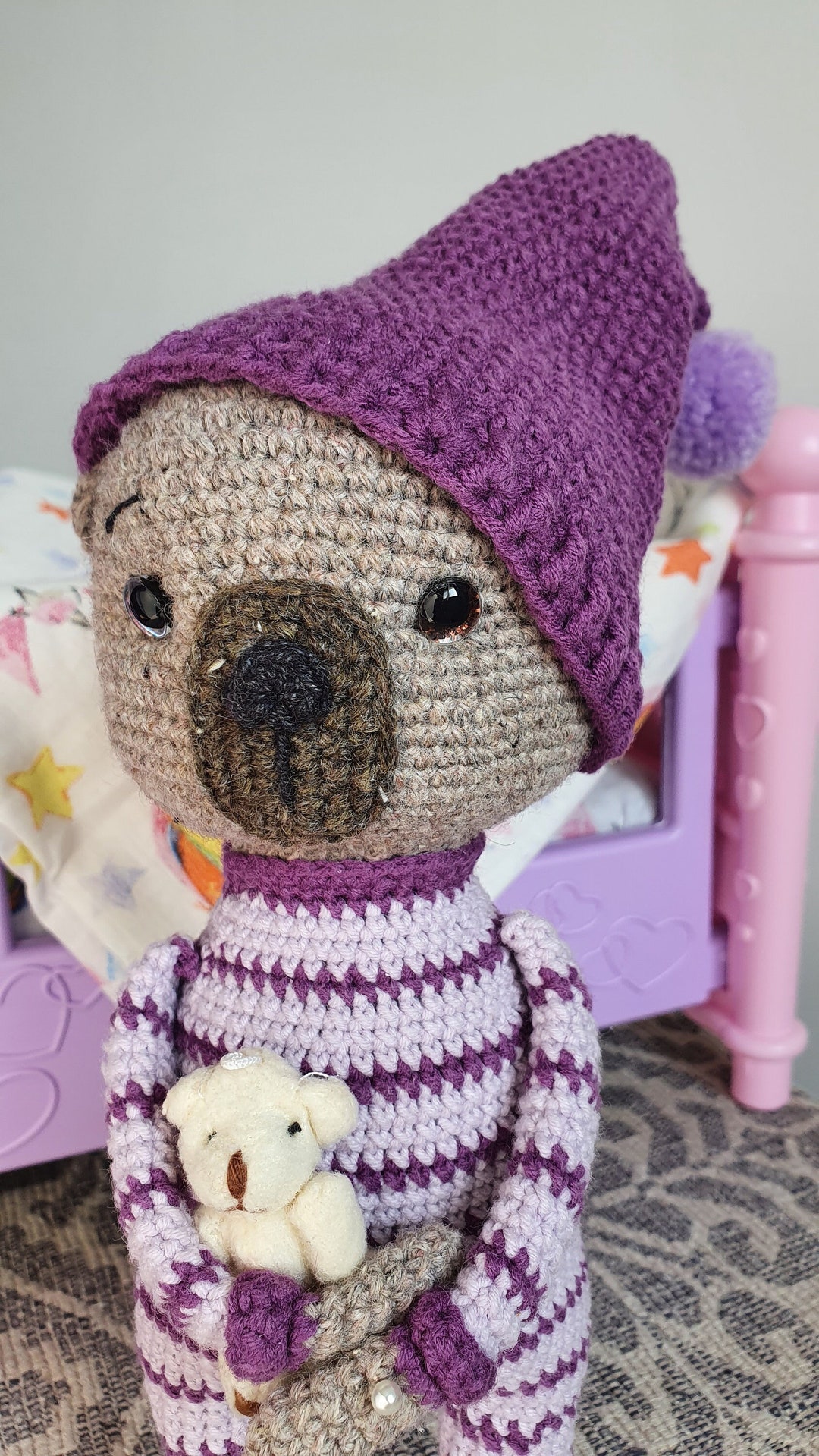 Amigurumi Teddy Bear in Purple Pajamas, Teddy in Nightcap, Custom Bear ...