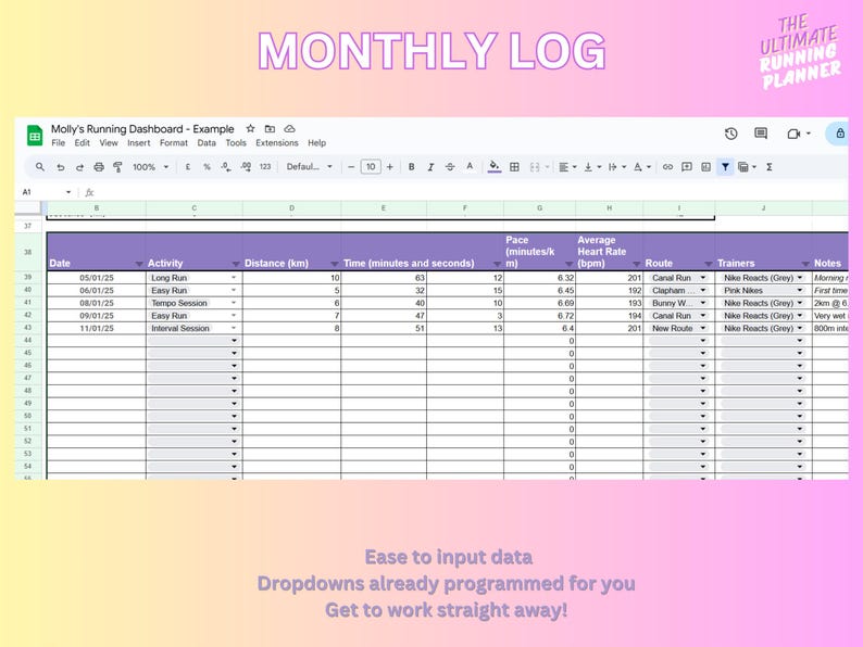 Ultimate Running Planner and Tracker - Google Sheets Spreadsheet/log to ...