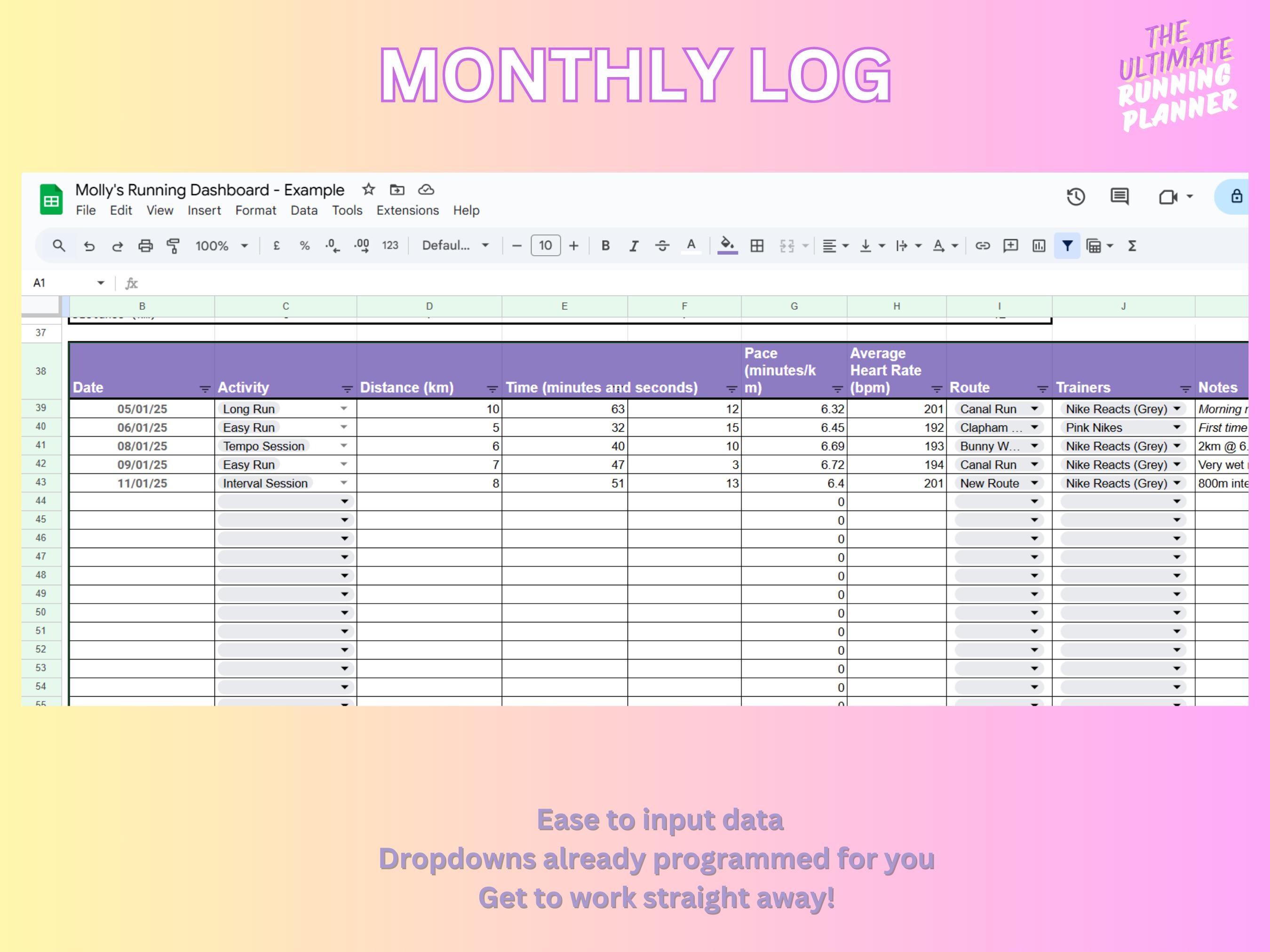 Ultimate Running Planner and Tracker - Google Sheets Spreadsheet/log to ...
