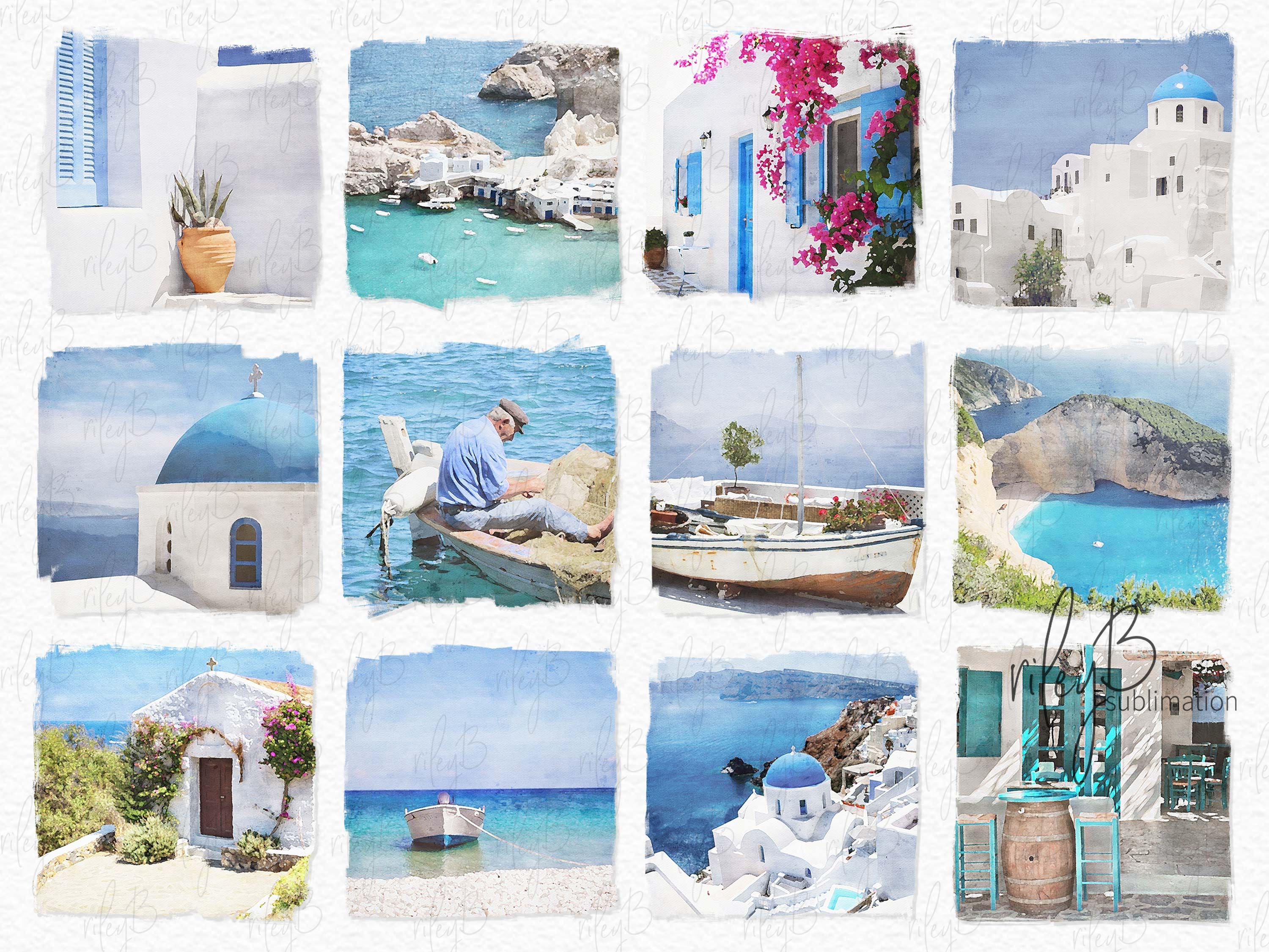 Greek Island Watercolor Pngs - Digital Greek Scenes - Beach Background ...