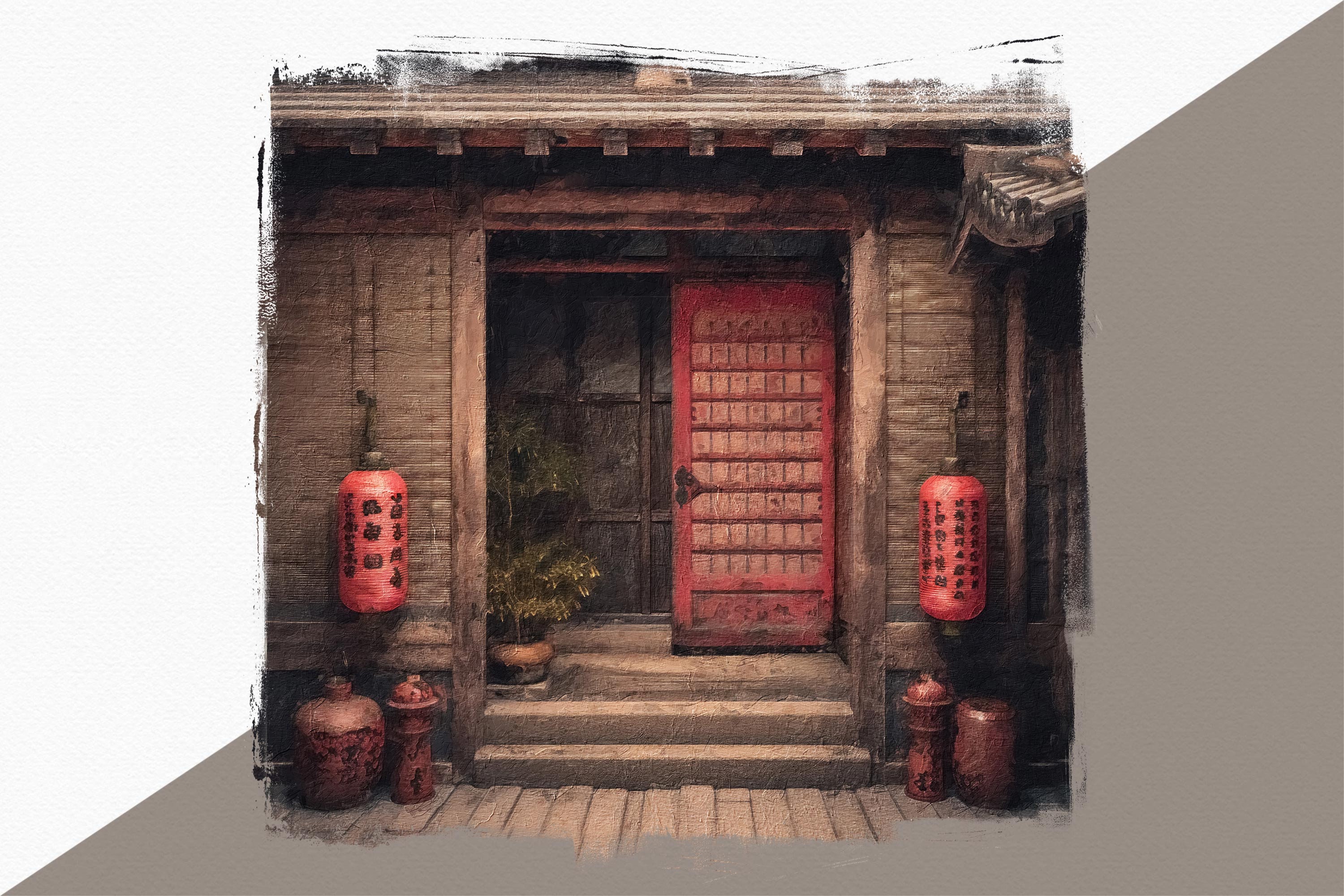 Japanese Doors Digital Oil Painting Pngs - Red Japanese Doors ...