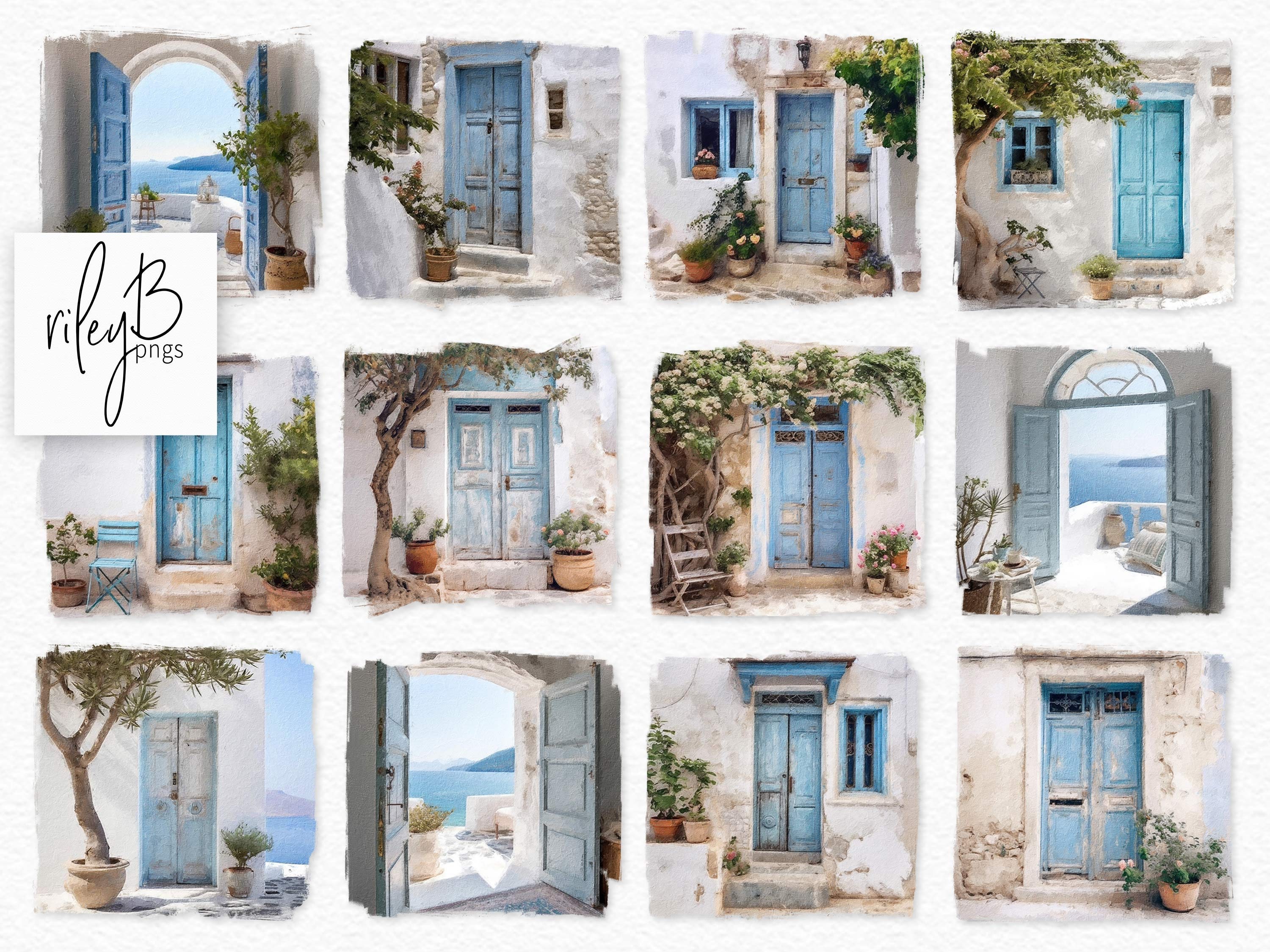 Pale Blue Greek Doors Digital Oil Painting Pngs - Old Blue Doors - Blue ...