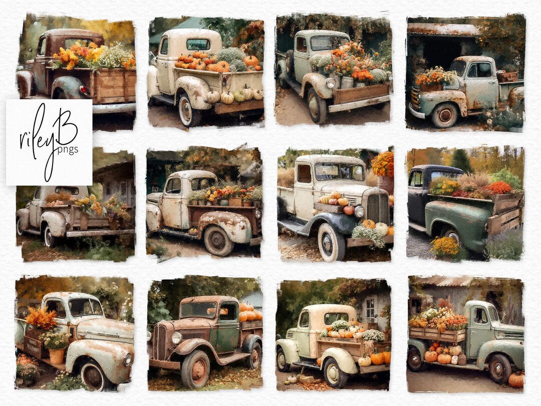 Fall Pickup Trucks Painting Pngs - Digital Vintage Pickup Truck PNG ...