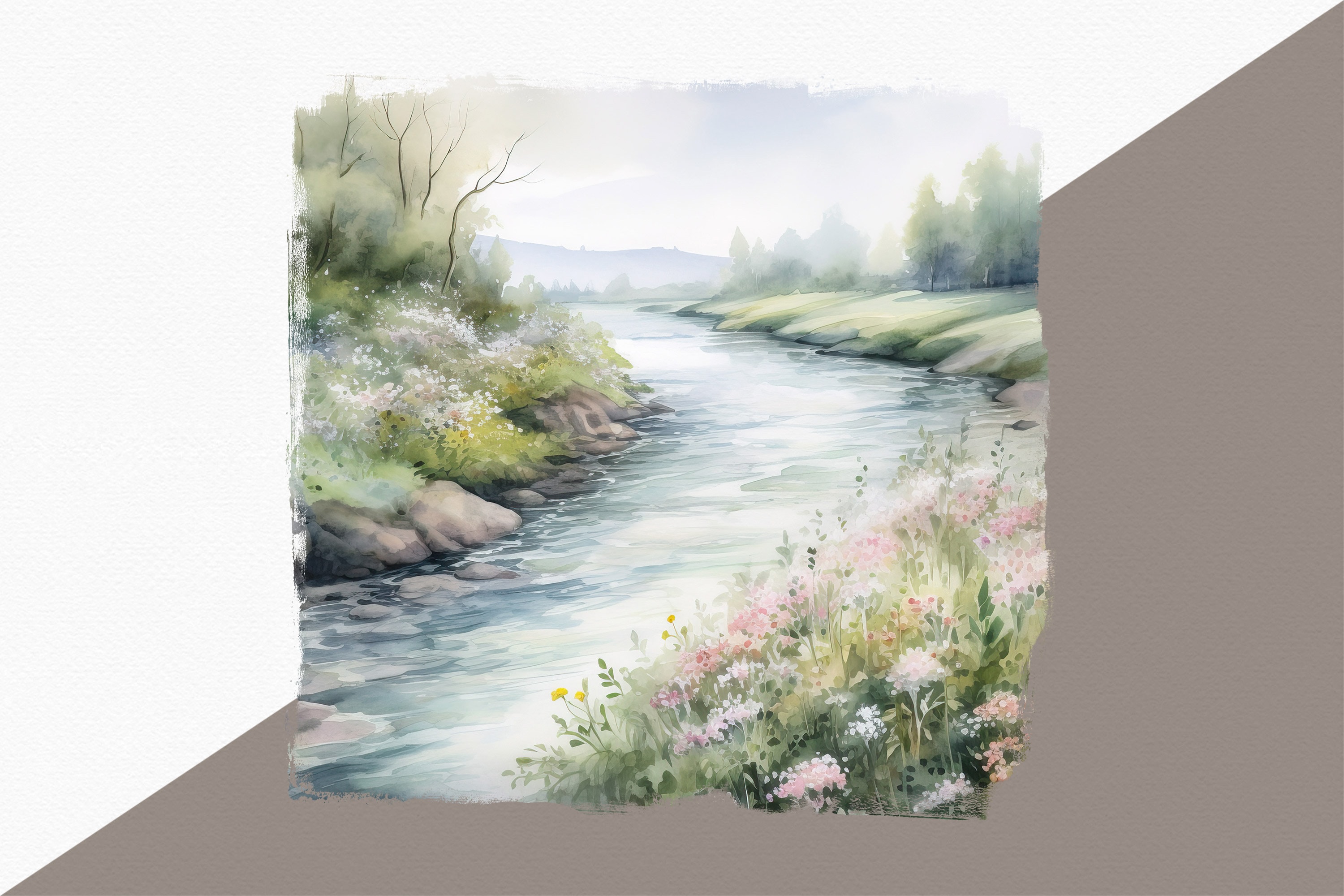 Summer River Watercolor Pngs - Floral River Landscape Digital ...