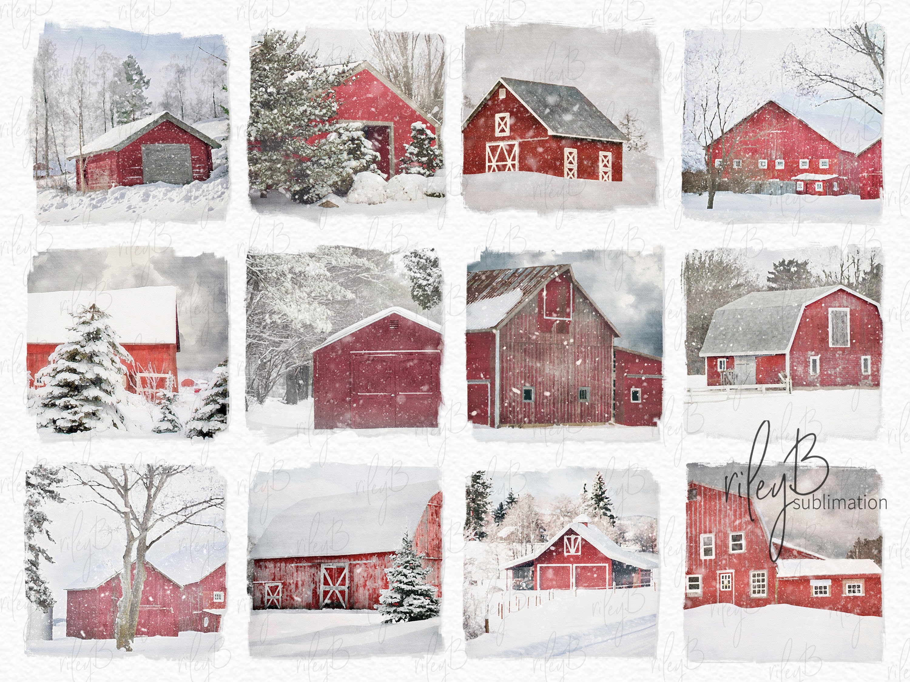 Red Winter Barns Watercolors Pngs - Winter Scenes - Winter Background ...