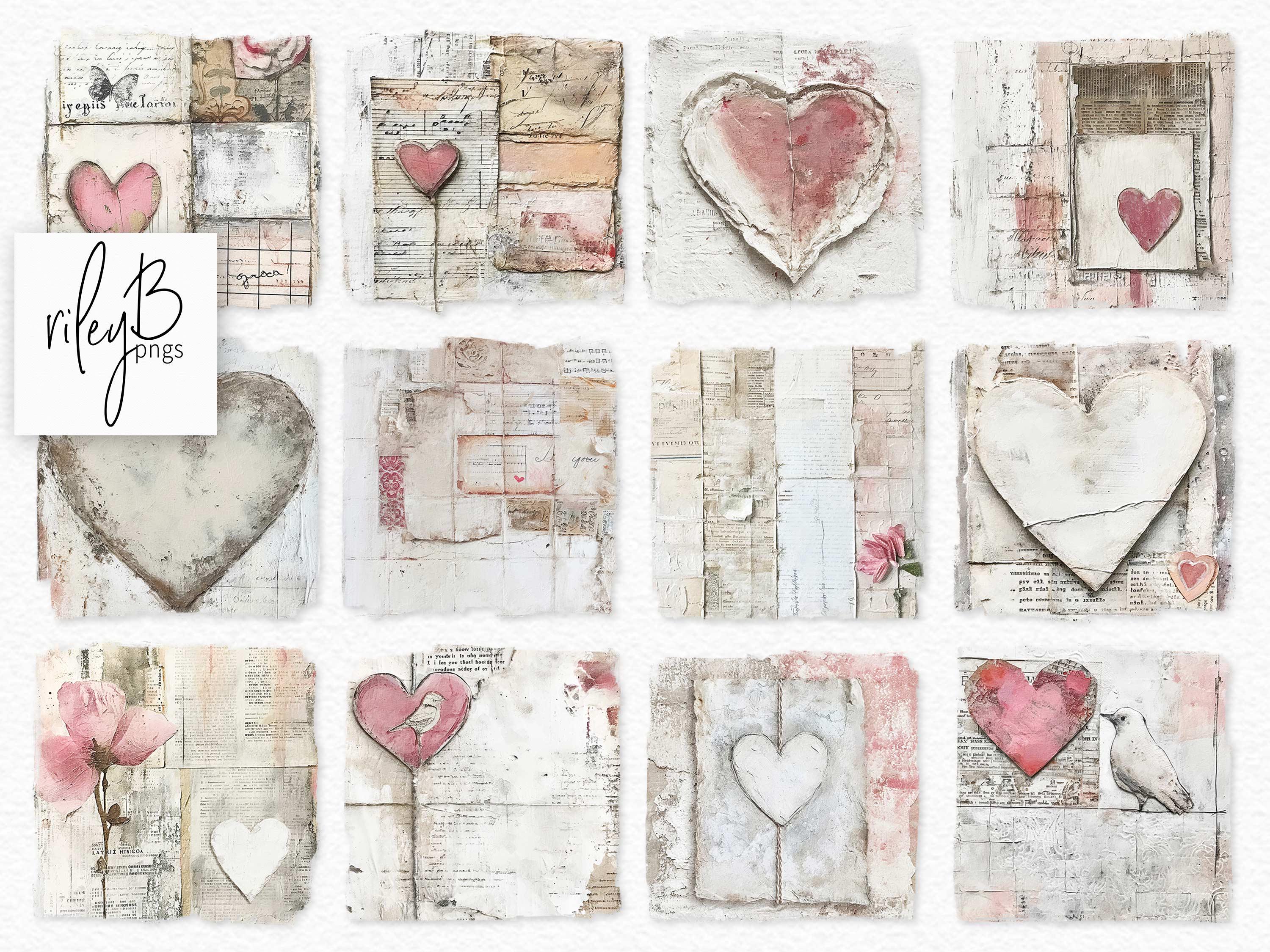 Pink Valentine Pngs – Neutral Heart Collage Art – Vintage Paper ...