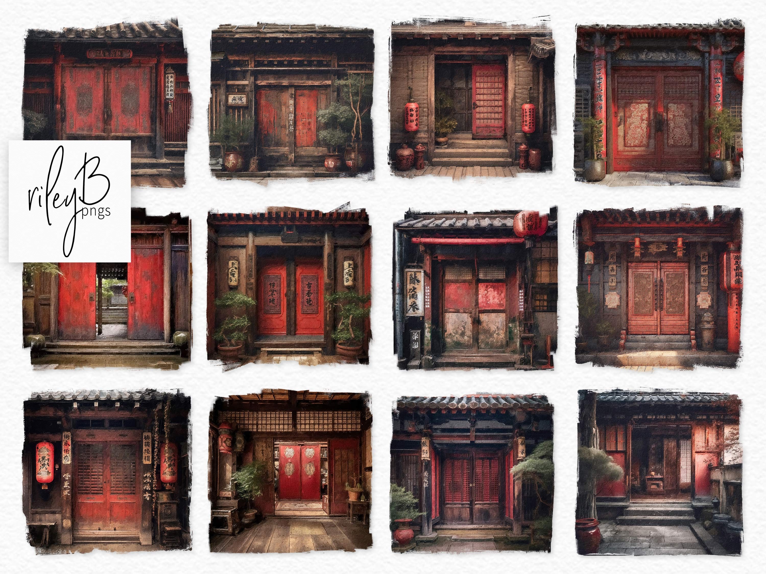 Japanese Doors Digital Oil Painting Pngs - Red Japanese Doors ...