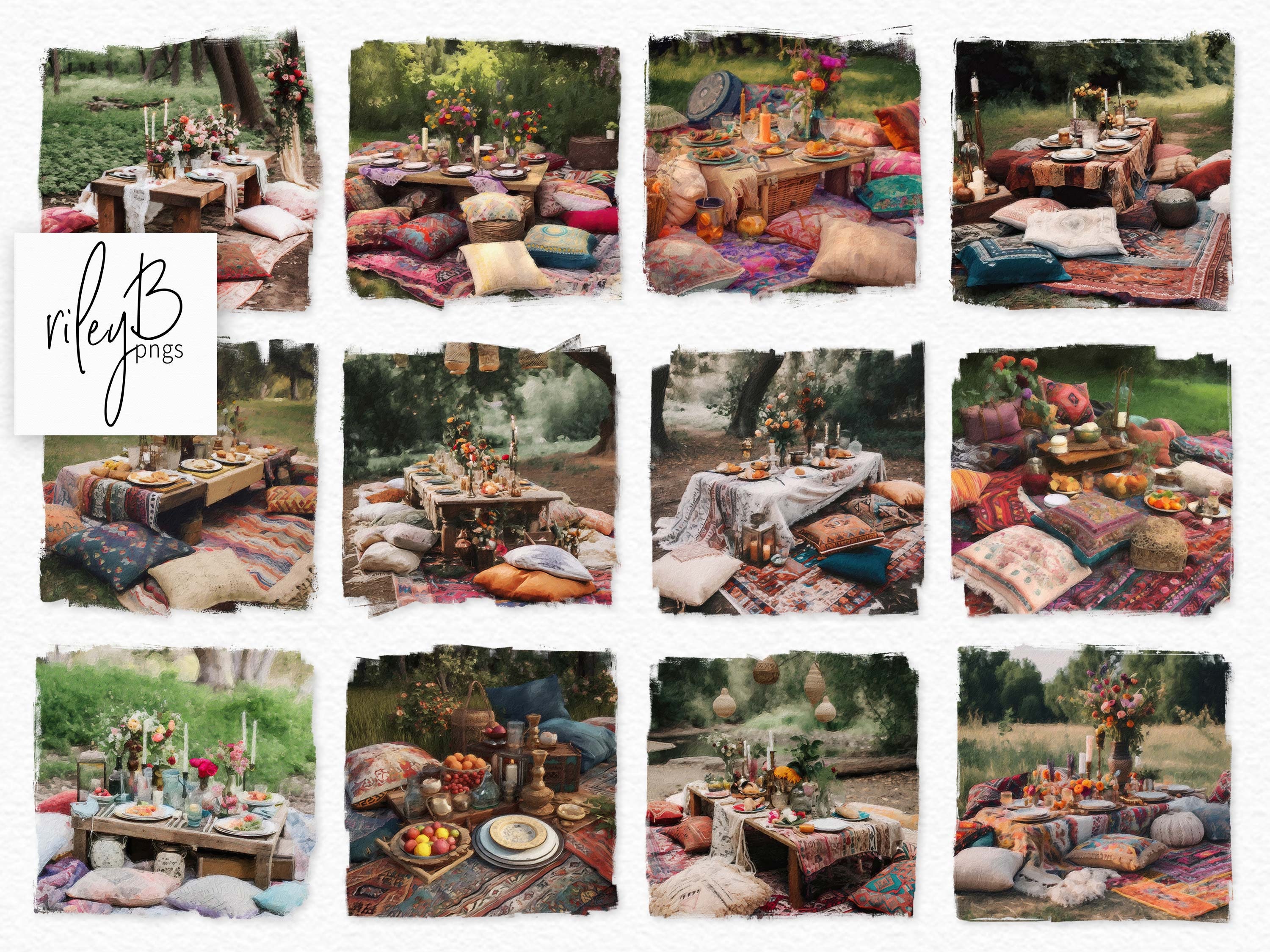 Bohemian Picnic Painting Pngs - Boho Picnic Digital Paintings - Digital ...