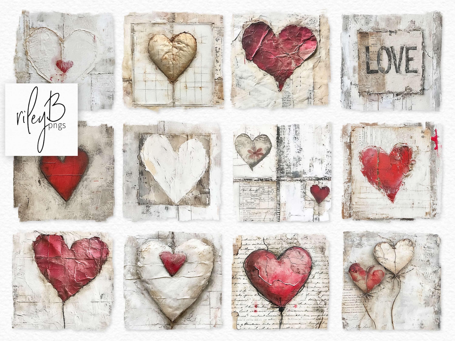 Love and Romance Pngs – Neutral and Red Heart Collage Art – Vintage ...
