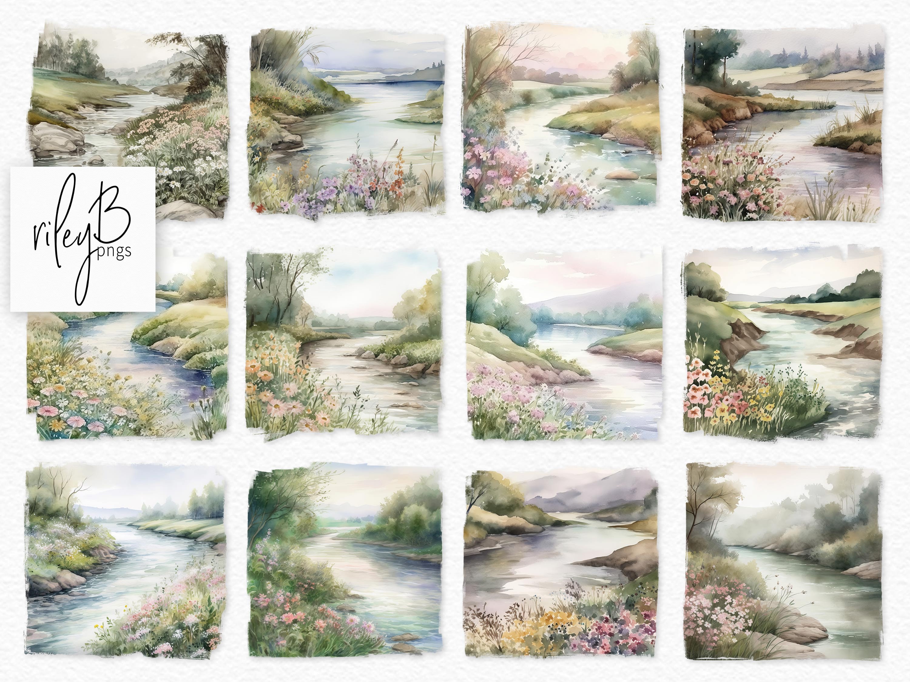Summer River Watercolor Pngs - Floral River Landscape Digital ...