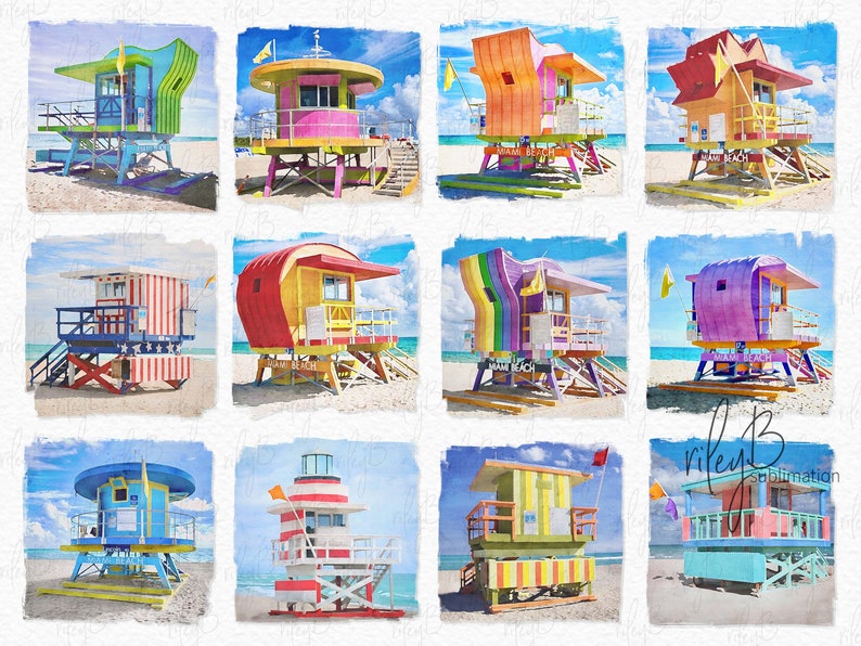 Miami Beach Watercolor Pngs - Digital Watercolors of Miami Beach ...