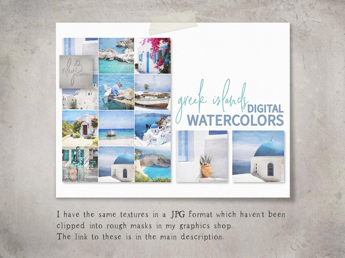 Greek Island Watercolor Pngs - Digital Greek Scenes - Beach Background ...