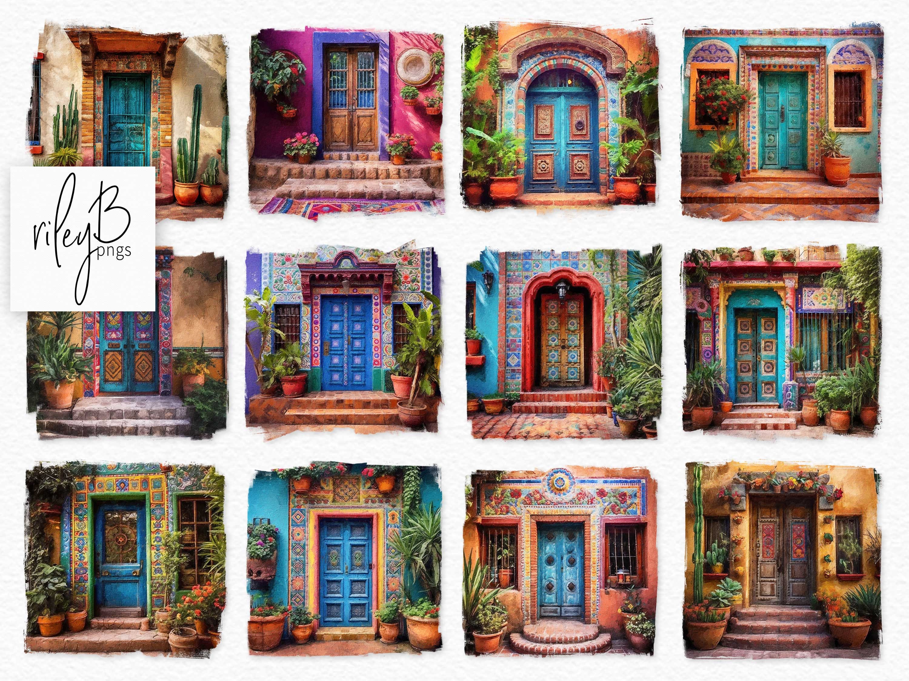 Mexican Doors Digital Oil Painting Pngs - Brightly Colored Mexican ...