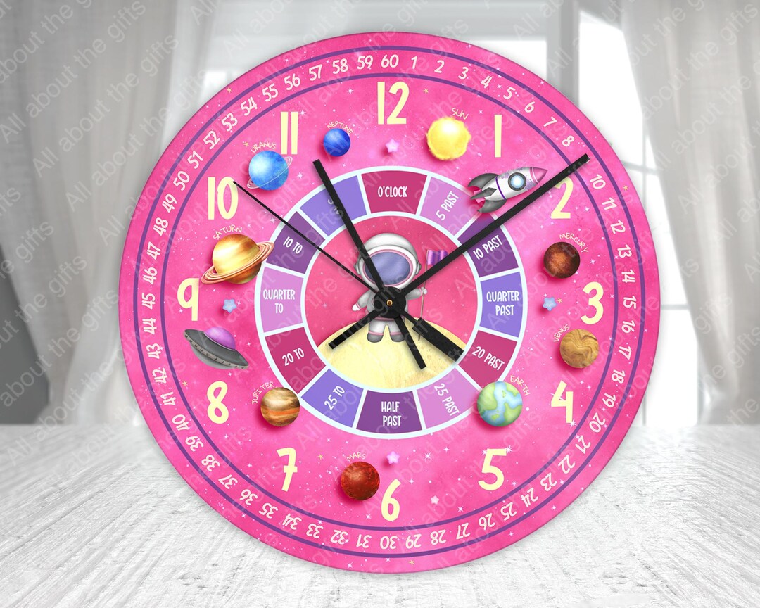 Kids Outer Space Theme Clock, Glass Wall Clock, Childs Learning Clock ...