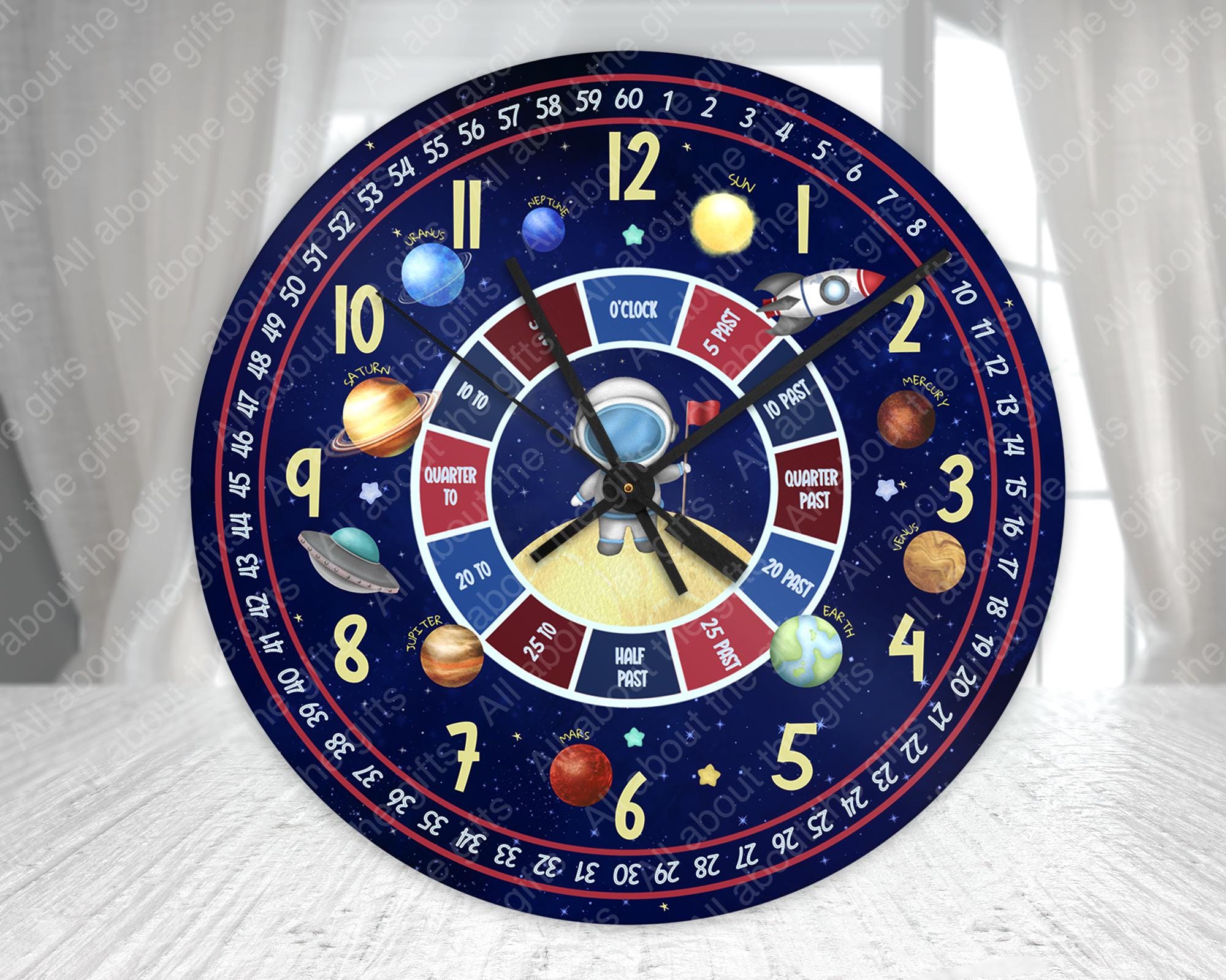 Kids Outer Space Theme Clock, Glass Wall Clock, Childs Learning Clock ...