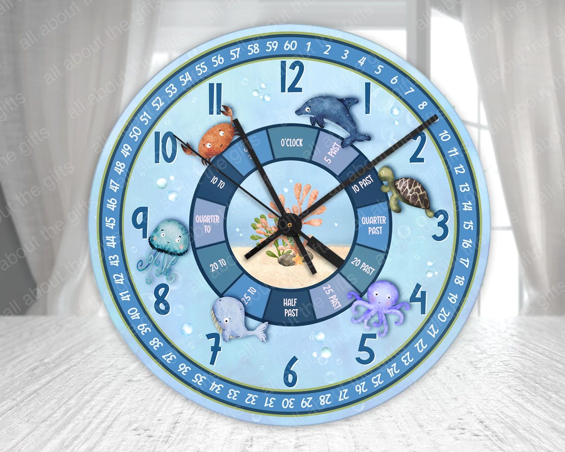 Under the Sea Wall Clock, Glass Wall Clock, Kids Learning Clock, Learn ...