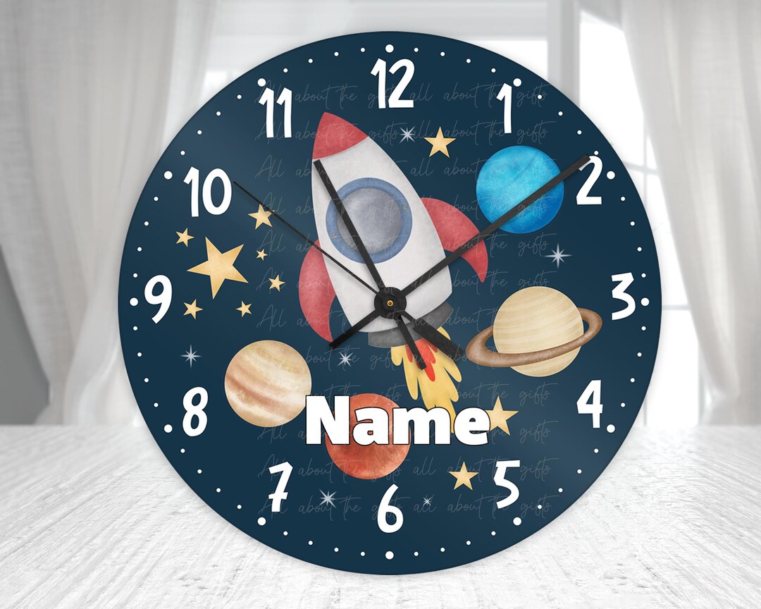 Kids Space Theme Clock, Personalised Glass Wall Clock, Space Rocket ...