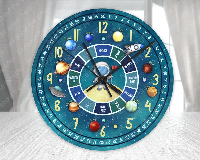 Kids Outer Space Theme Clock, Glass Wall Clock, Childs Learning Clock ...