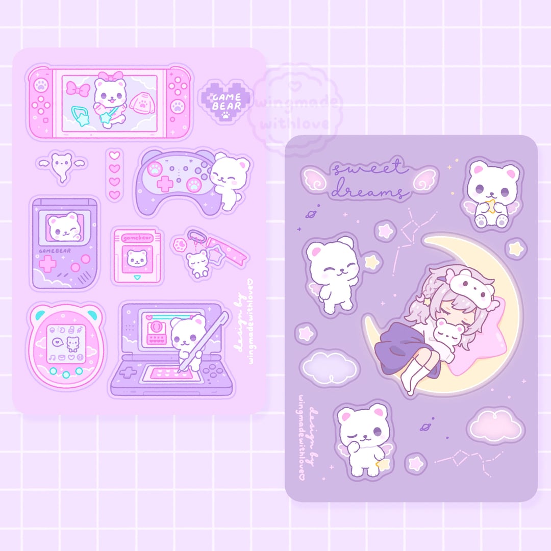 Matte/holographic Sticker Sheet Kawaii Gaming Angel Bear Aesthetic ...