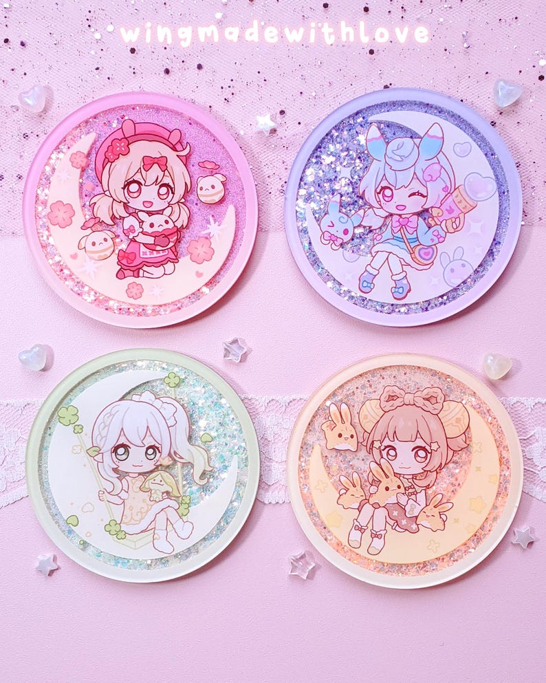 Genshin Chibi Acrylic Coasters With Glitter Klee Dodoco Sigewinne ...