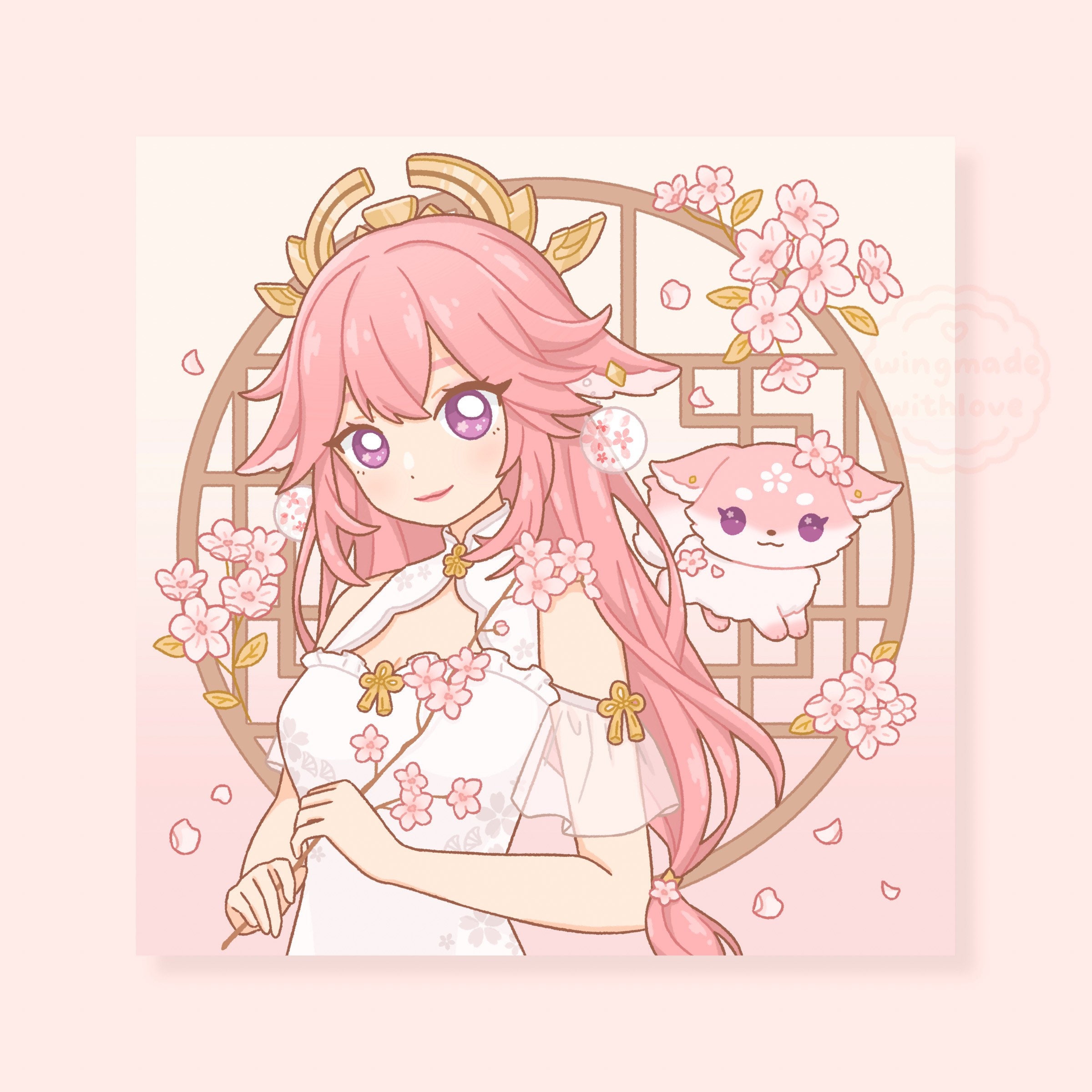 Genshin Impact Yae Miko With Fox Form Sakura Aesthetic Art - Etsy Singapore