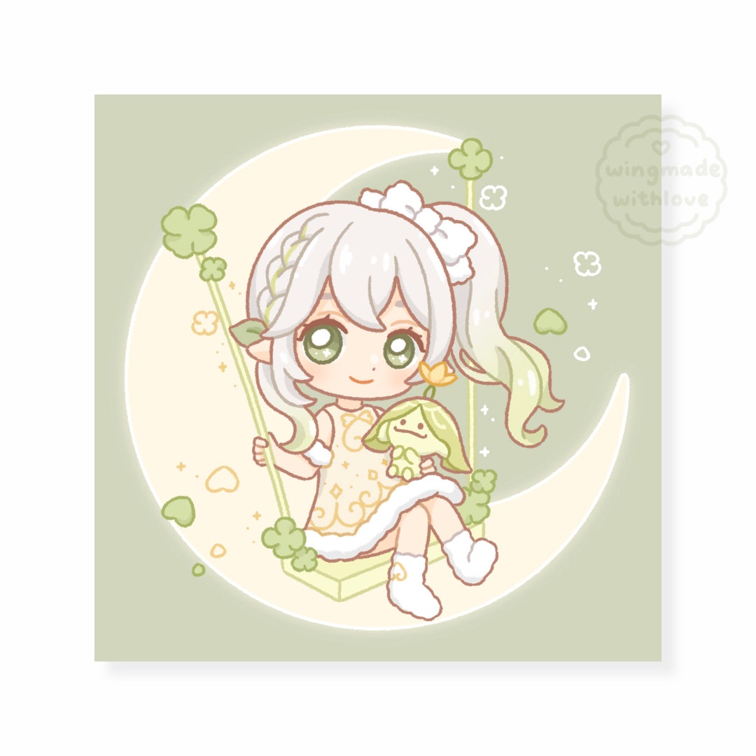 Genshin Impact Nahida and Aranara on the Moon Cute Chibi Art Print ...