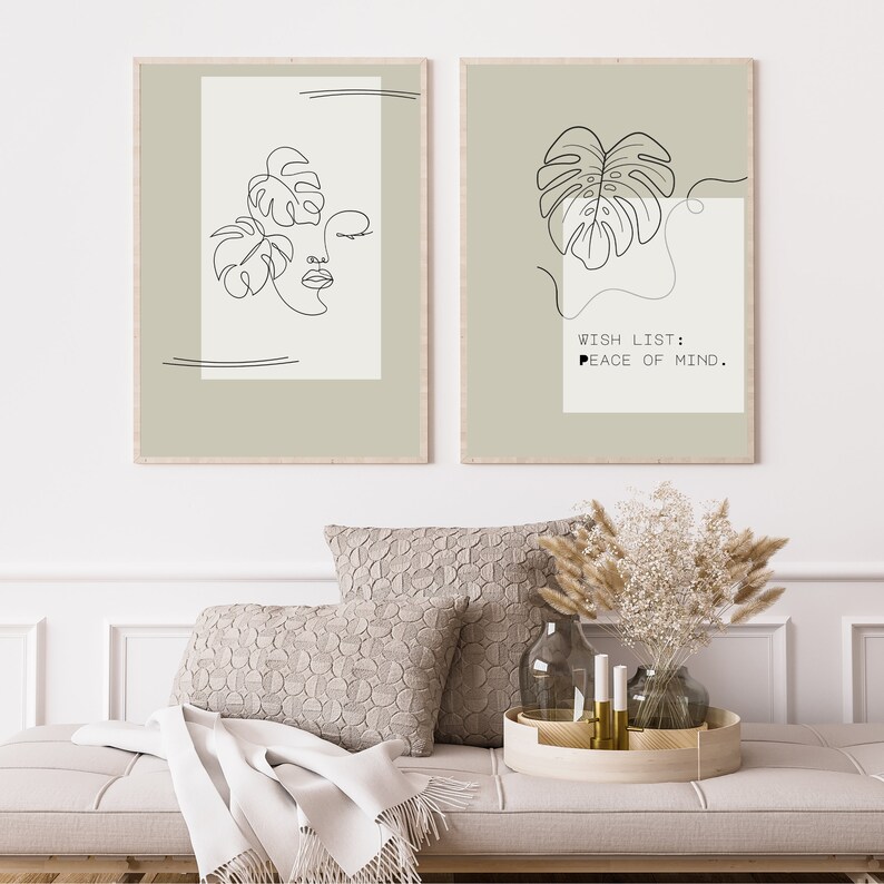 Monstera Wall Art Set Face Line Art Abstract Botanical Wall - Etsy