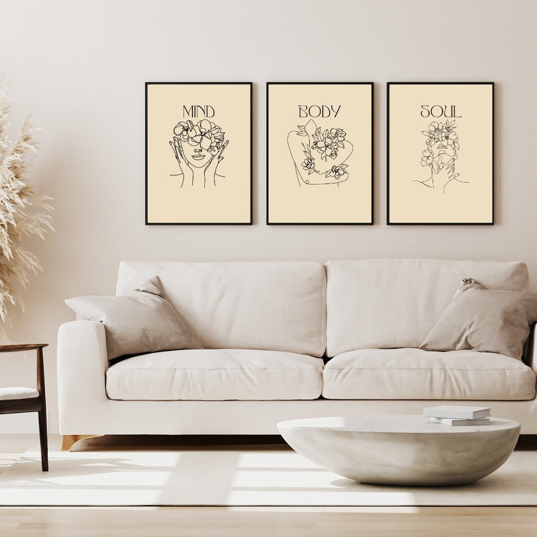 Mind Body Soul Art Prints: Yellow Floral Woman Line Art (digital ...