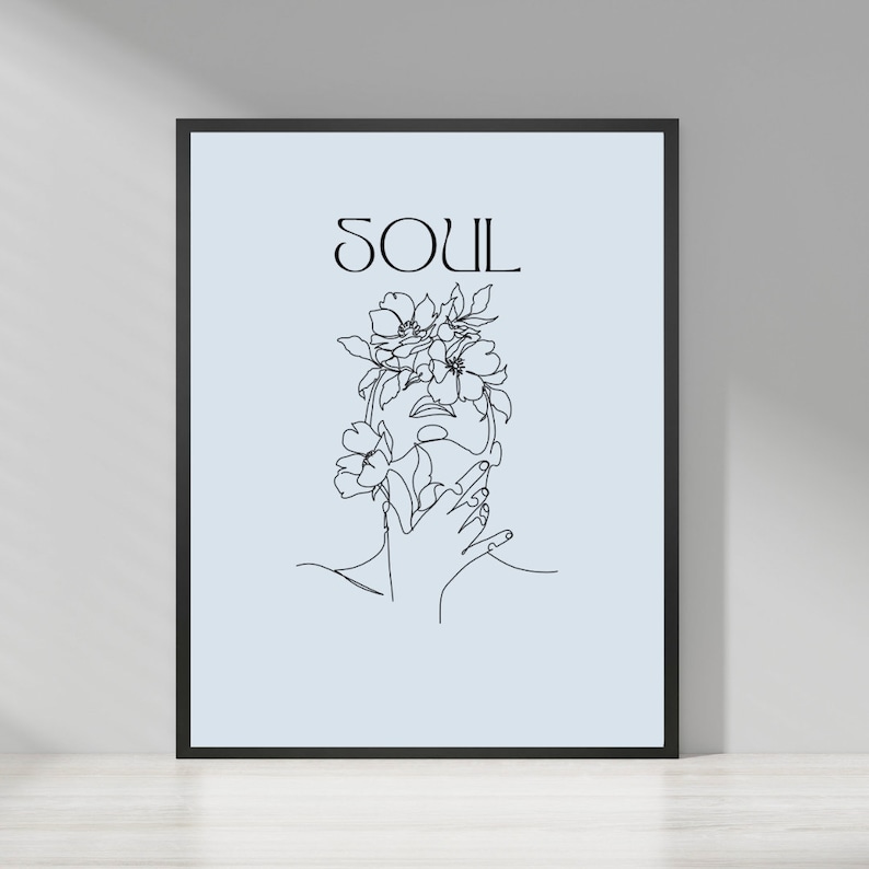 Mind Body Soul Art Prints: Light Blue Floral Woman Line Art (digital ...