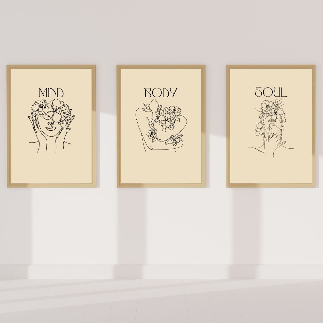 Mind Body Soul Art Prints: Yellow Floral Woman Line Art (digital ...