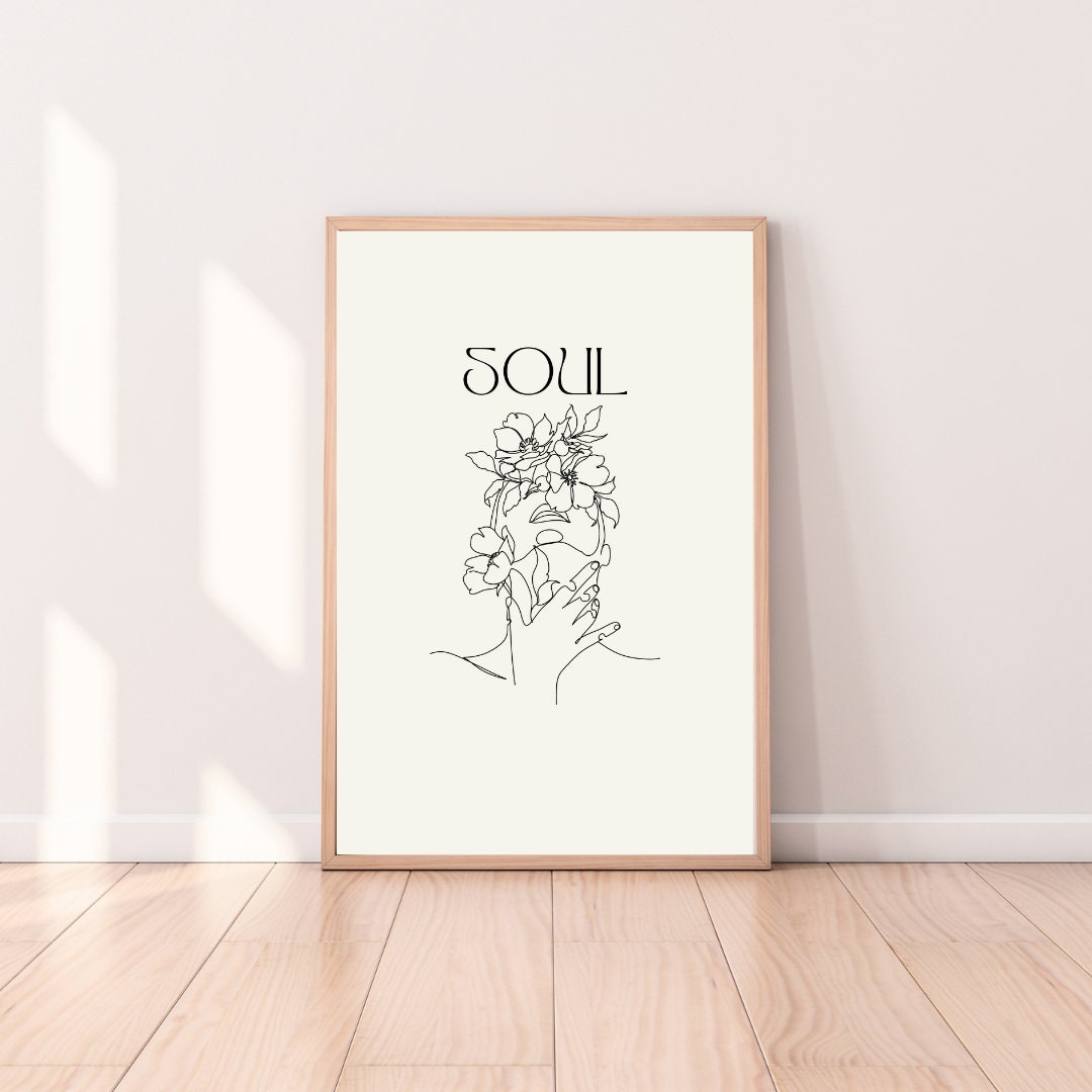 Mind Body Soul Art Prints: Beige Floral Woman Line Art (digital ...