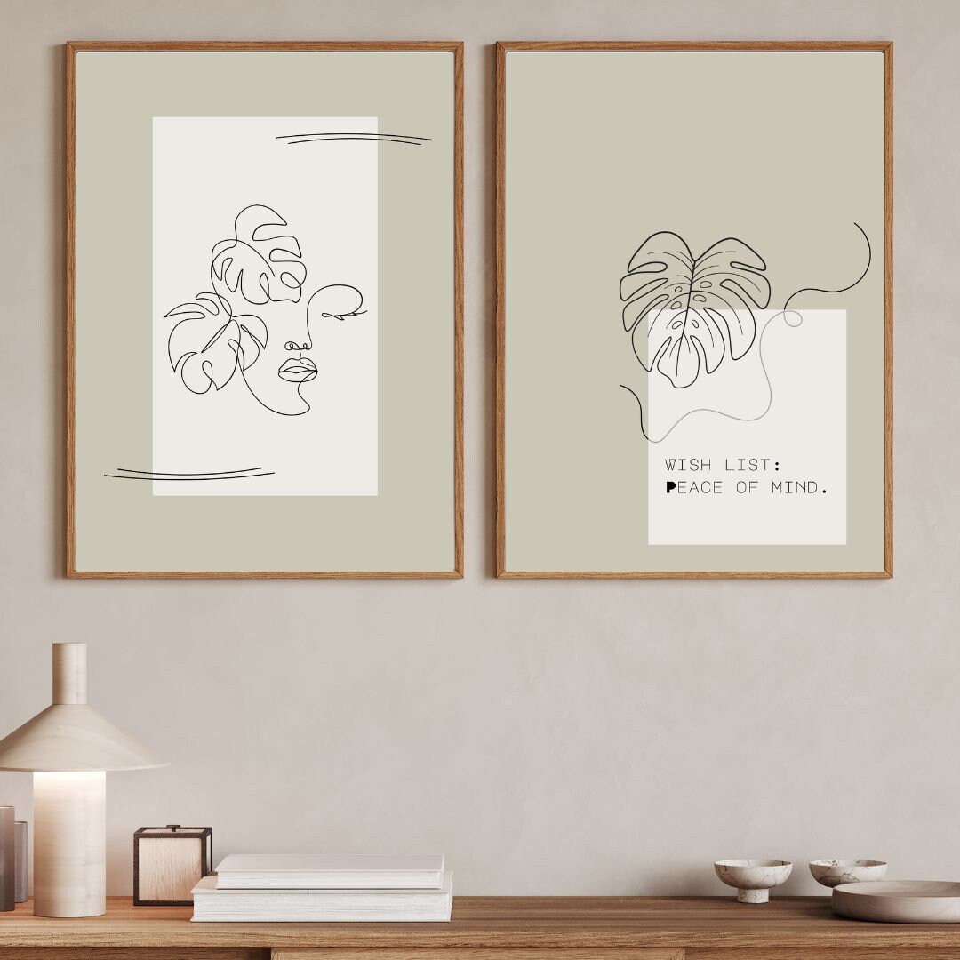 Monstera Wall Art Set, Face Line Art, Botanical Wall Poster, Dorm Decor ...